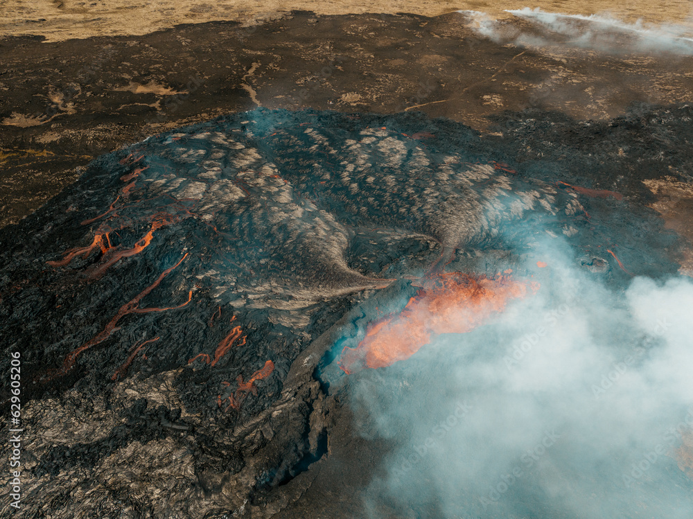 Aerial view of Litli-Hrutur (Little Ram) Volcano during an eruption on ...