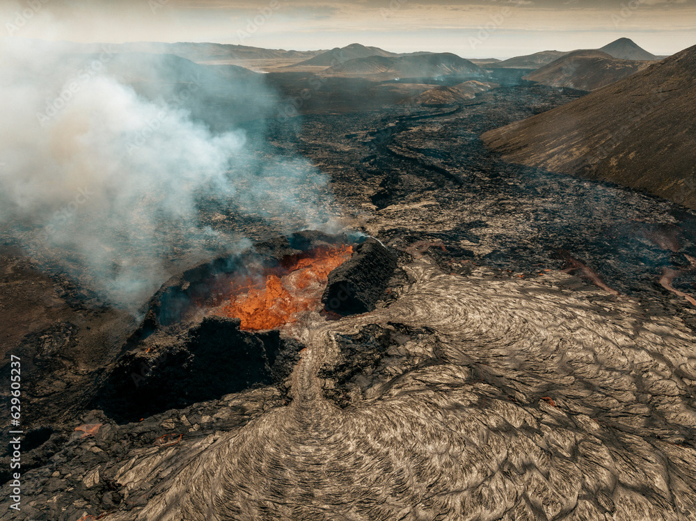 Aerial view of Litli-Hrutur (Little Ram) Volcano during an eruption on ...