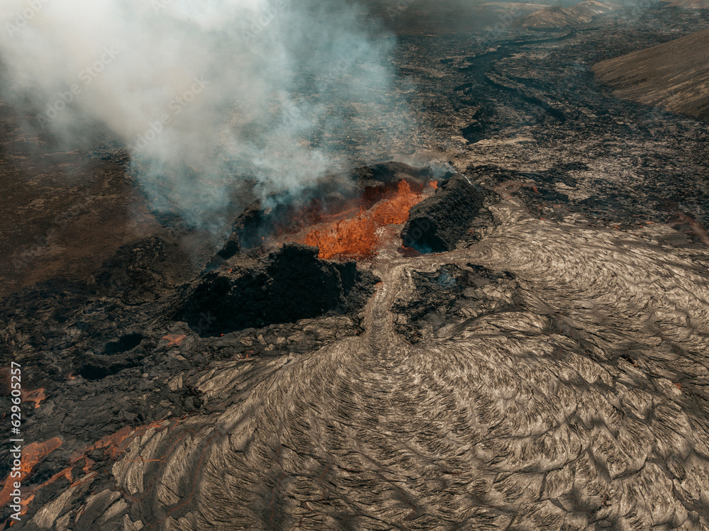 Aerial view of Litli-Hrutur (Little Ram) Volcano during an eruption on ...