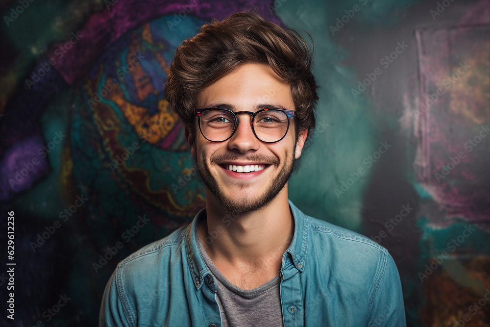 Generative ai collage portrait of handsome guy looking in camera smiling over graffiti painted ...