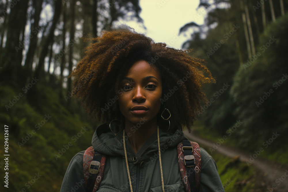 Generative AI picture image of wanderer girl in tourist gear enjoying ...