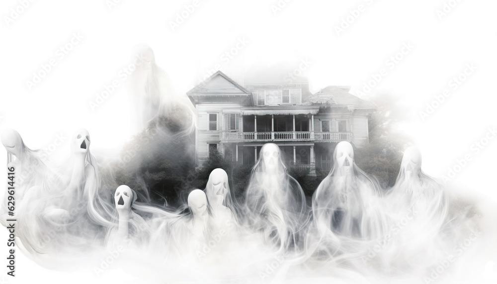 Ghosts floating around a haunted mansion, creating an ethereal aura ...