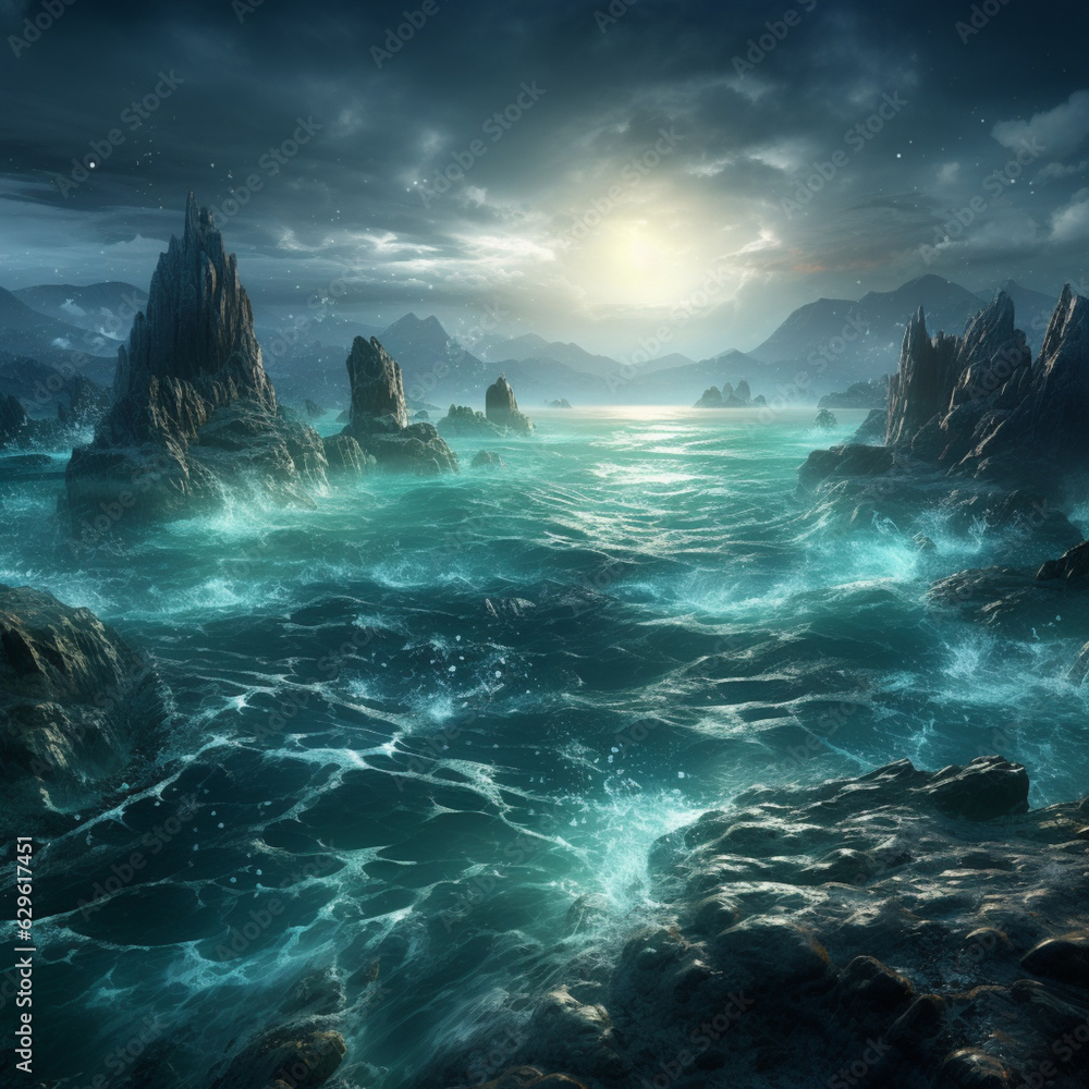 Enchanting fantasy oceanscape: Vast azure expanse filled with wonder ...