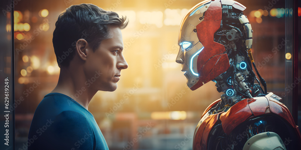 Man vs AI. Man facing a red and white AI robot, yellow bright ...