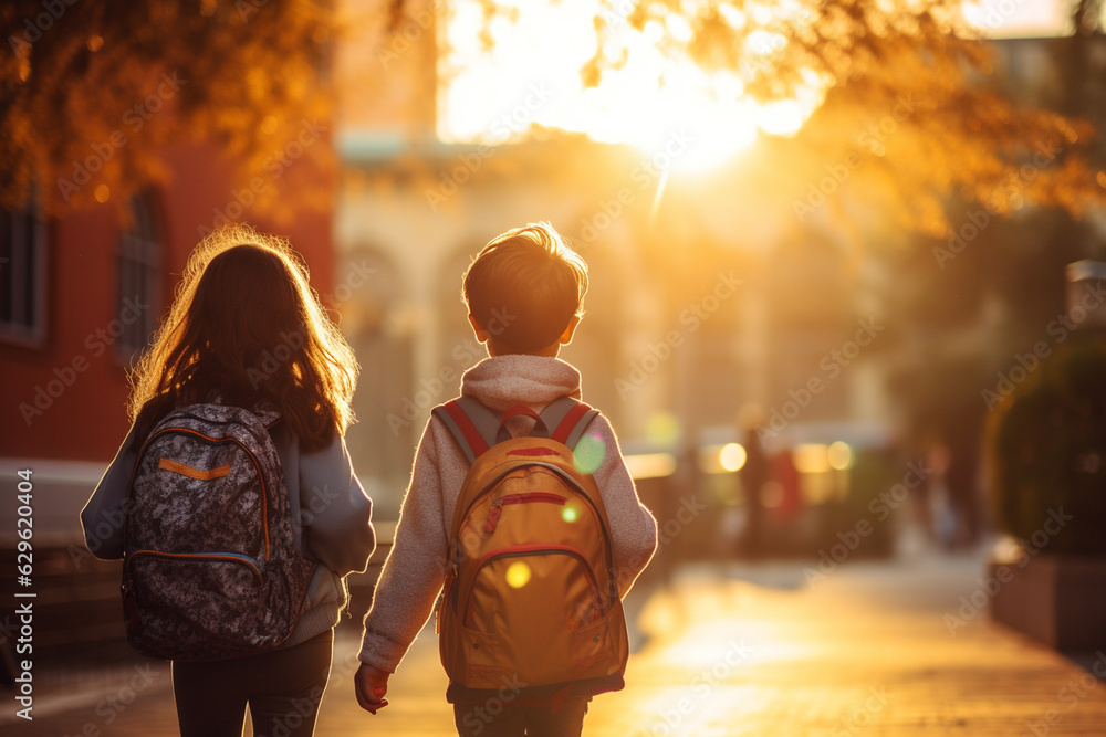 Children with backpacks, back to school, subtle glare of golden hour ...