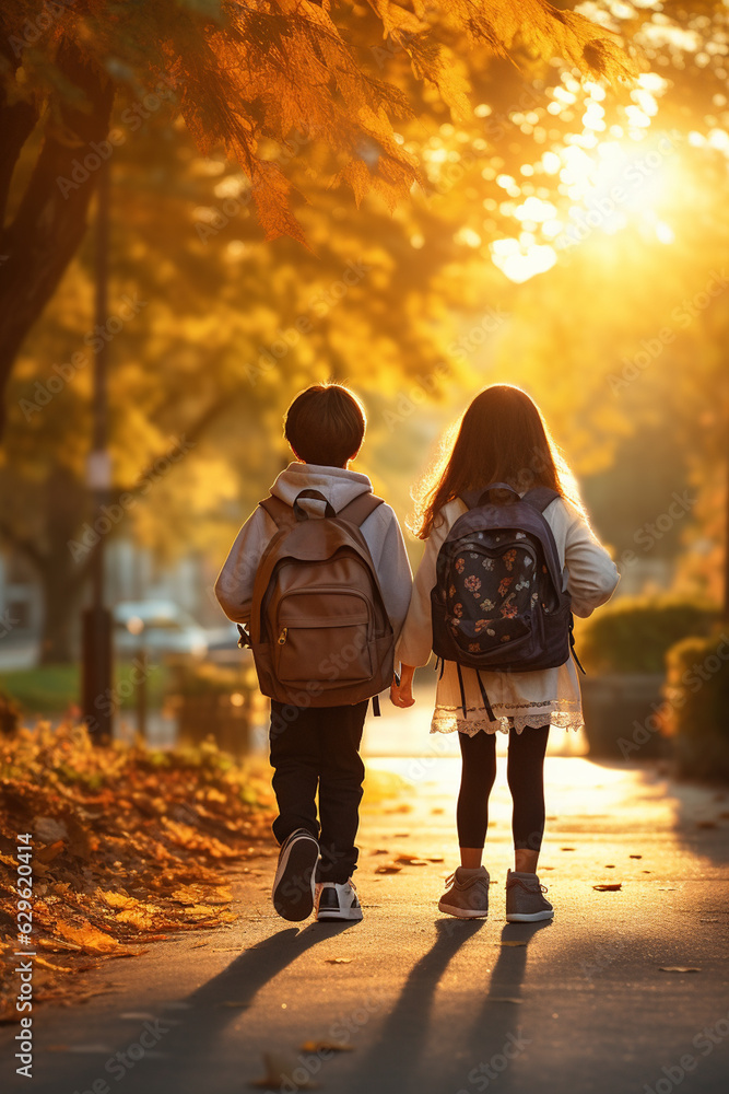 Children with backpacks, back to school, subtle glare of golden hour ...