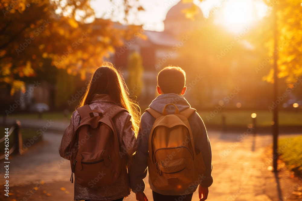 Children with backpacks, back to school, subtle glare of golden hour ...