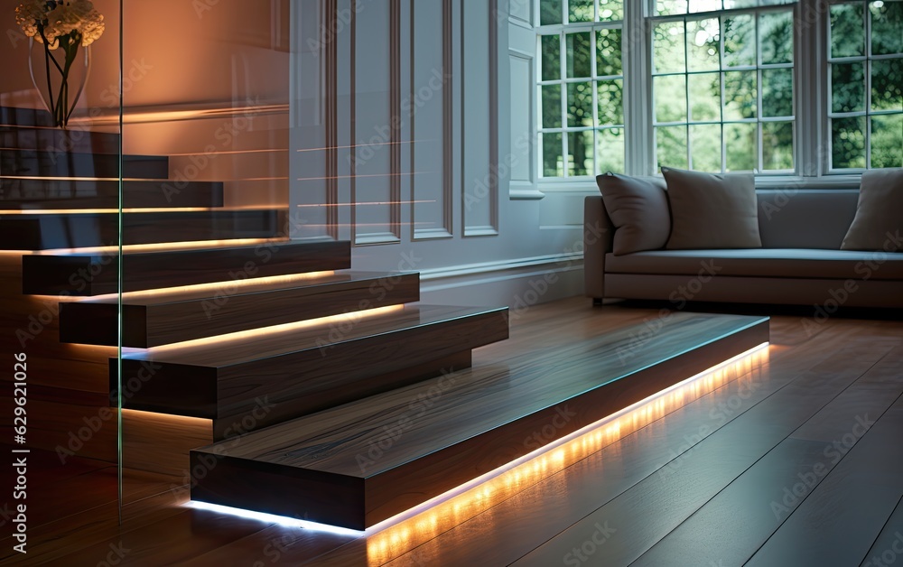 Floating steps with LED strip lights underneath each stair Stock Photo ...