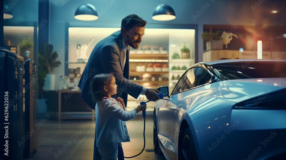 Progressive father and daughter plugs EV charger from home charging ...