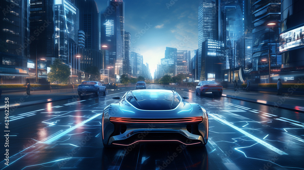 Shot of a Futuristic Self-Driving Van Moving on a Public Highway in a Modern City with Glass ...