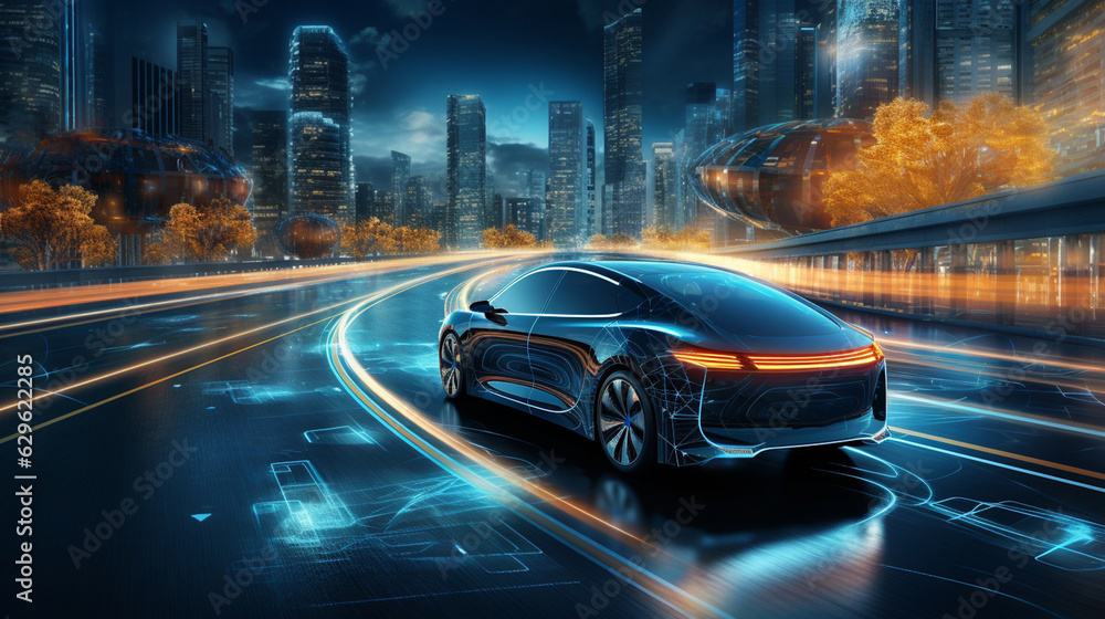 Shot of a Futuristic Self-Driving Van Moving on a Public Highway in a Modern City with Glass ...