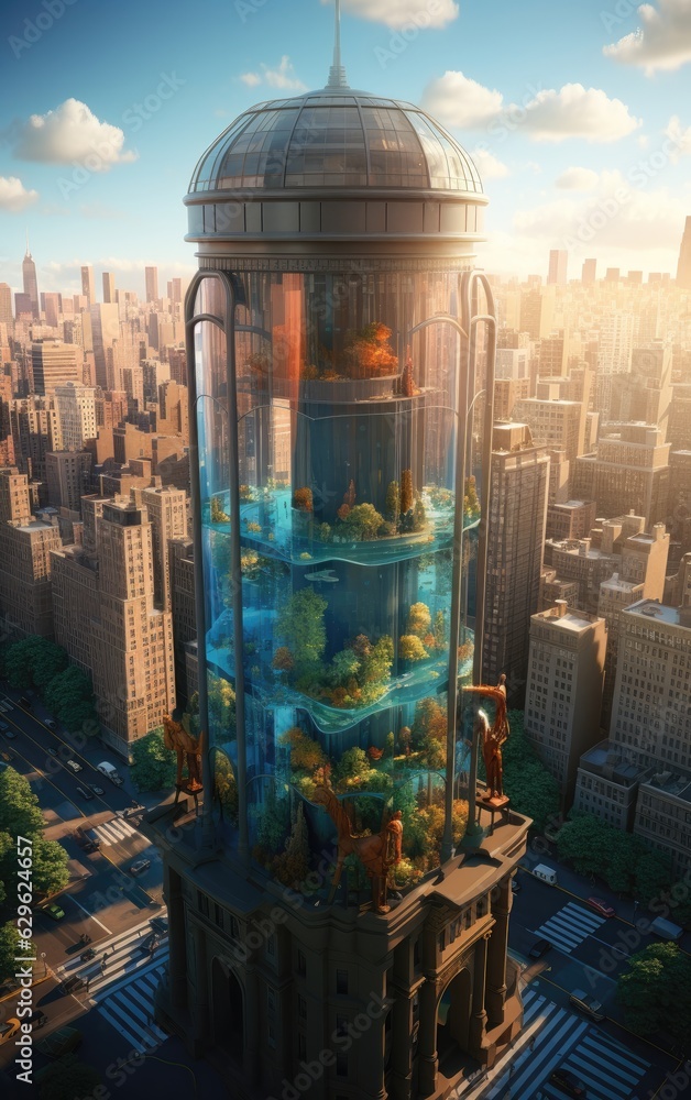 aerial view of a giant fish tank shaped like a tower in the middle of ...