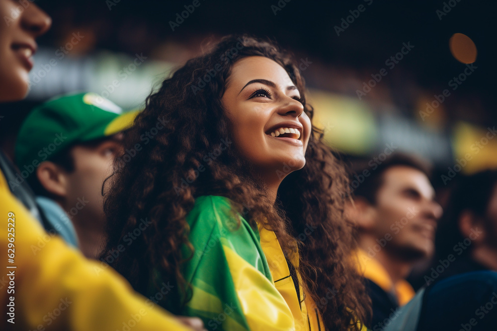 Brazilian female football soccer fans in a World Cup stadium supporting ...