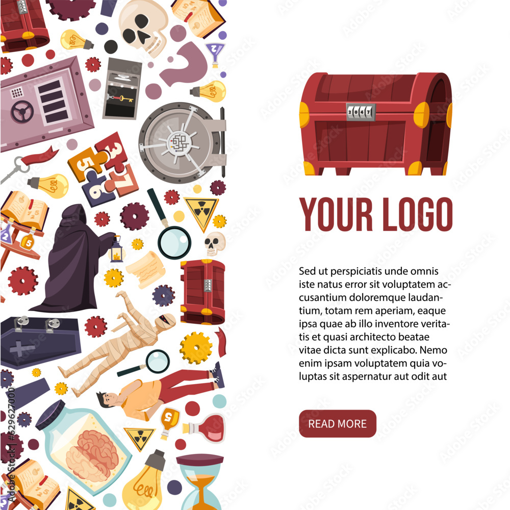 items for mind games, quest room vertical banner. question signs keys ...