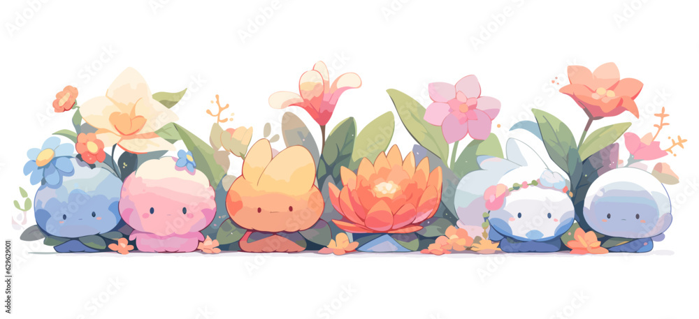 monsters chibi cute characters flower for border bottom background ...