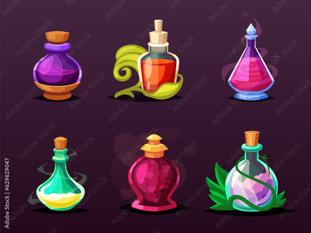 magic potion bottles with elixir set. fantasy glass flasks with ...