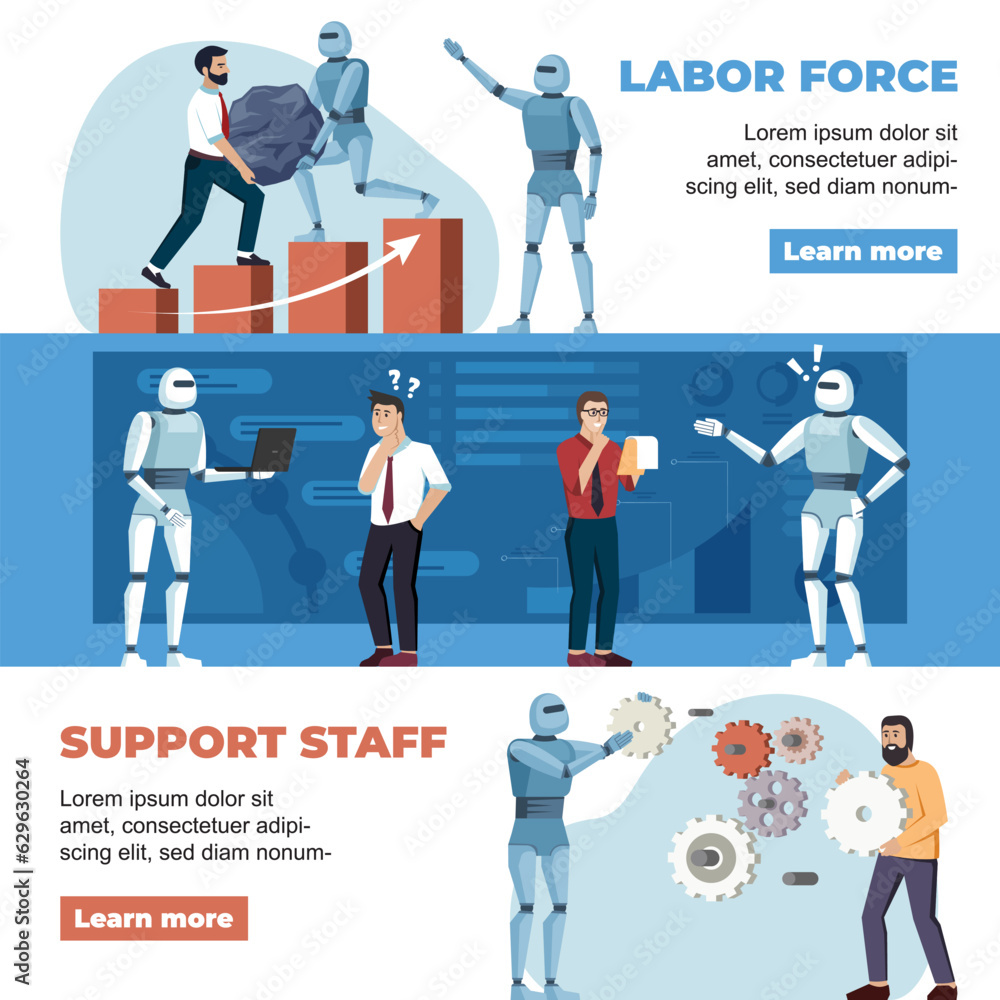 robots employee working, helping with human. robots working in office ...