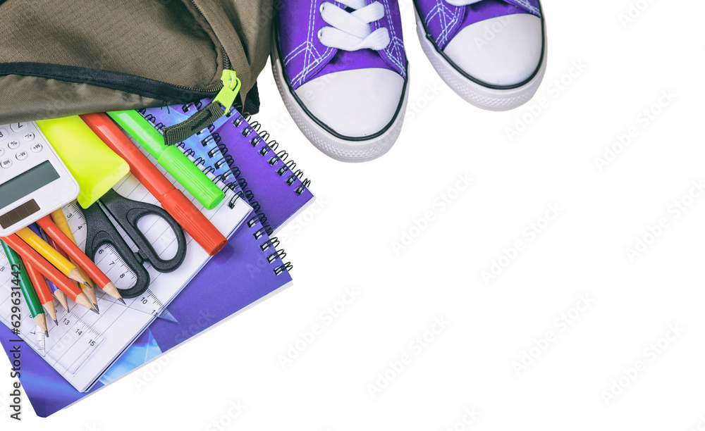 School supplies and a student backpack isolated, transparent background ...