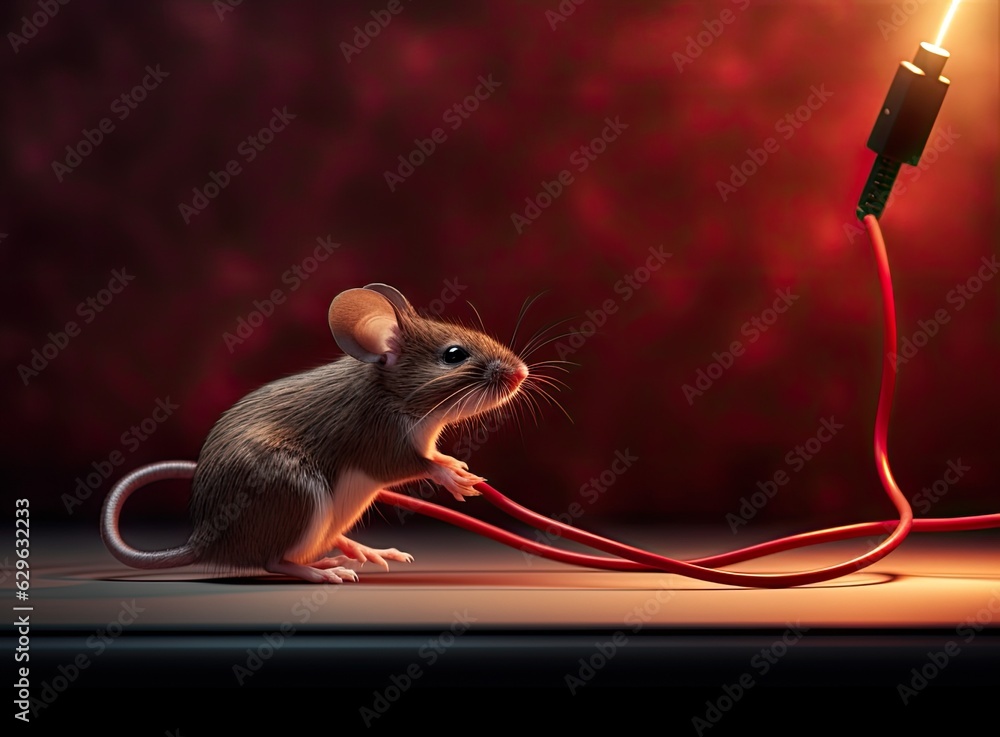 Closeup mouse gnaws wire in an apartment house on the background of the ...