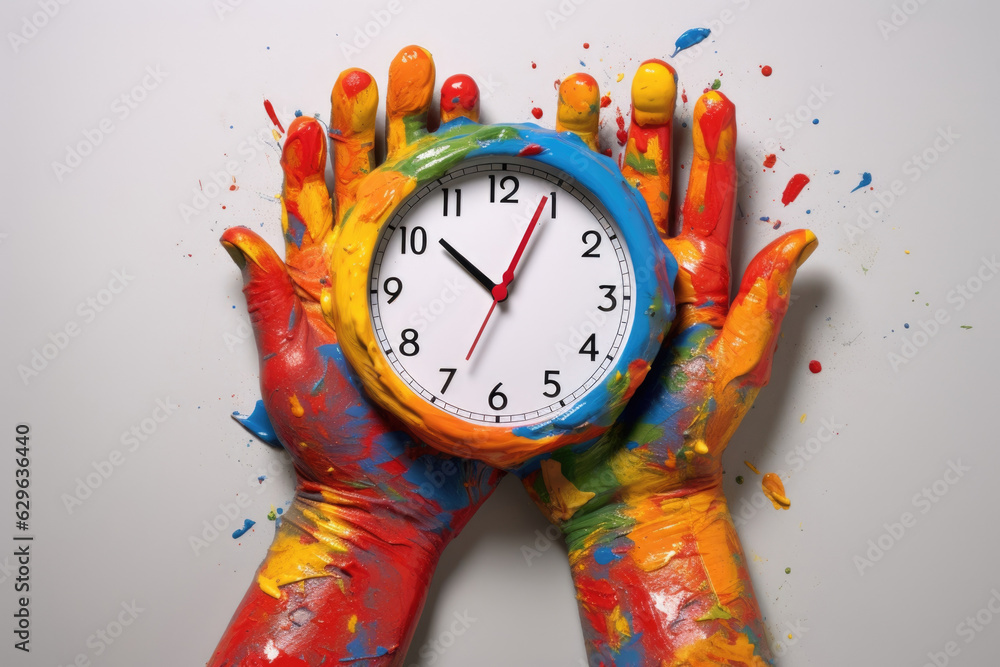 Foto de A clock with its colored hands whizzing around the face ...