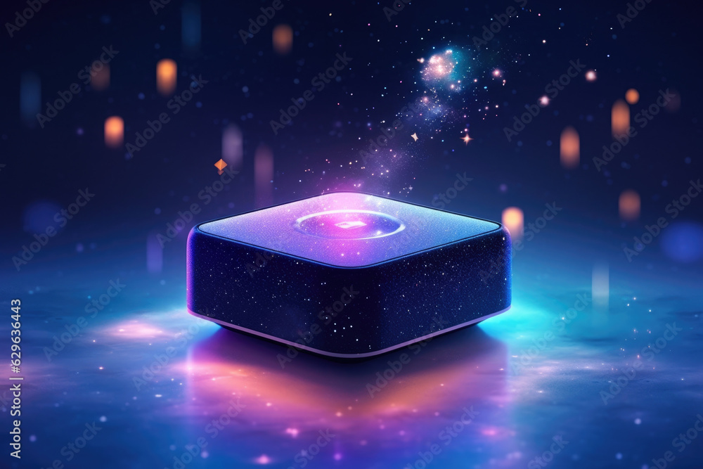 A glowing streaming device floating in the air and surrounded by tiny ...