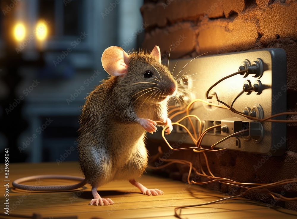 Closeup mouse gnaws wire in an apartment house on the background of the ...