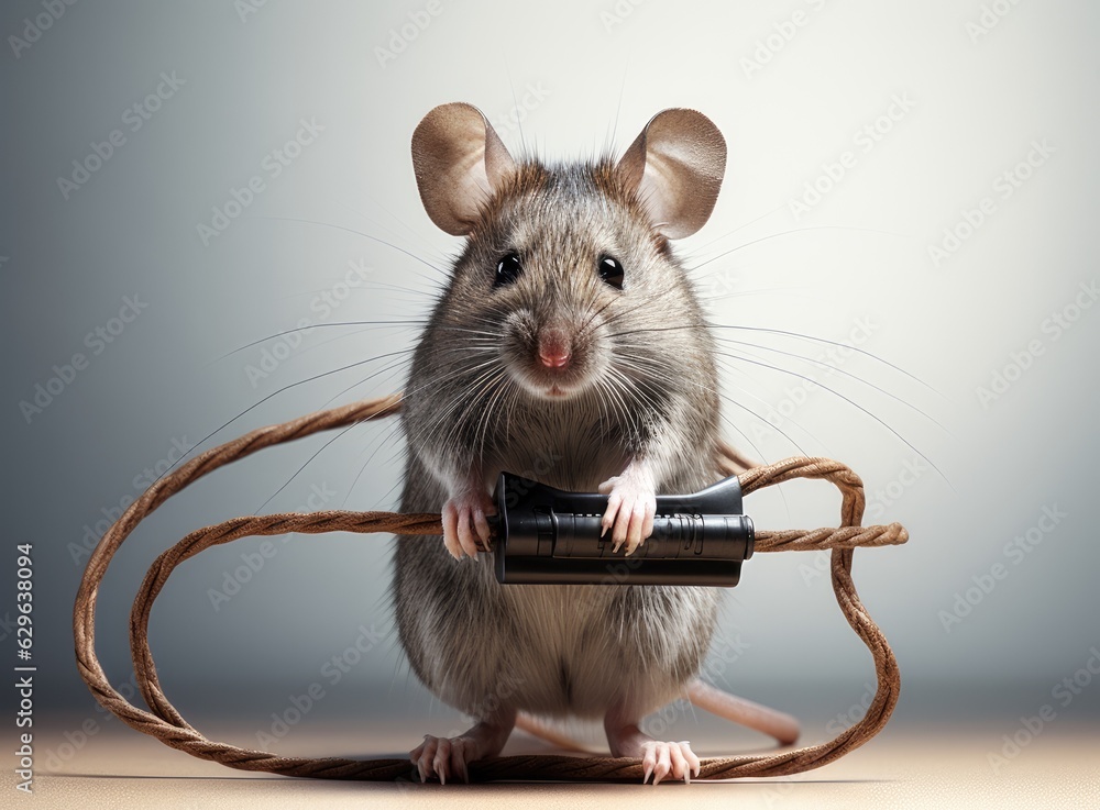 Closeup mouse gnaws wire in an apartment house on the background of the ...