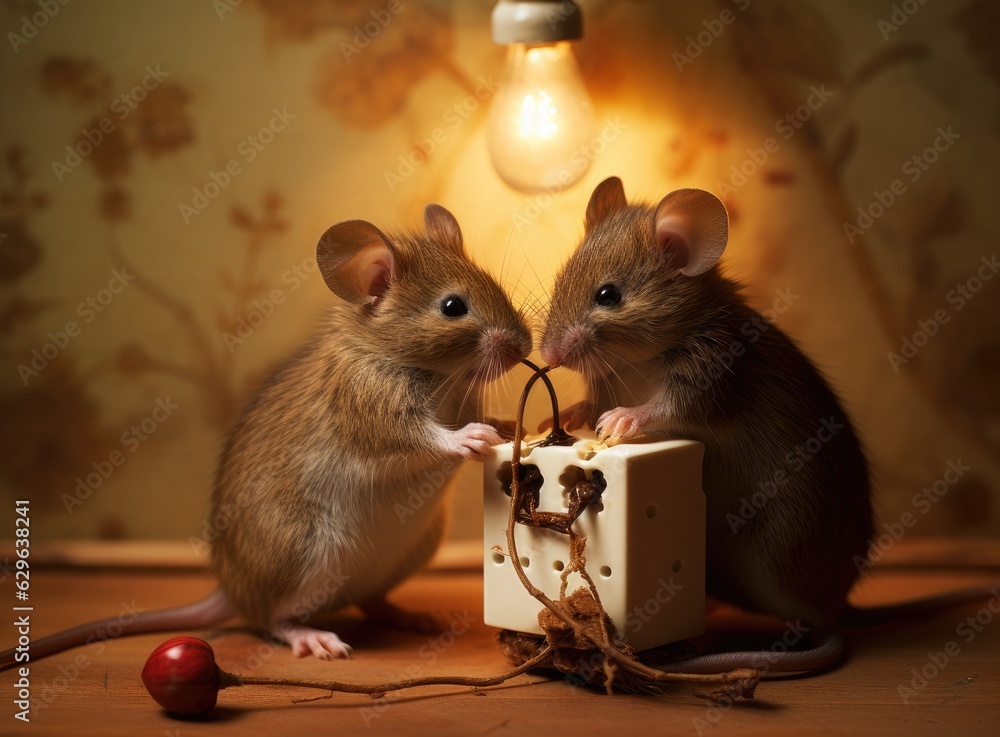Closeup mouse gnaws wire in an apartment house on the background of the ...