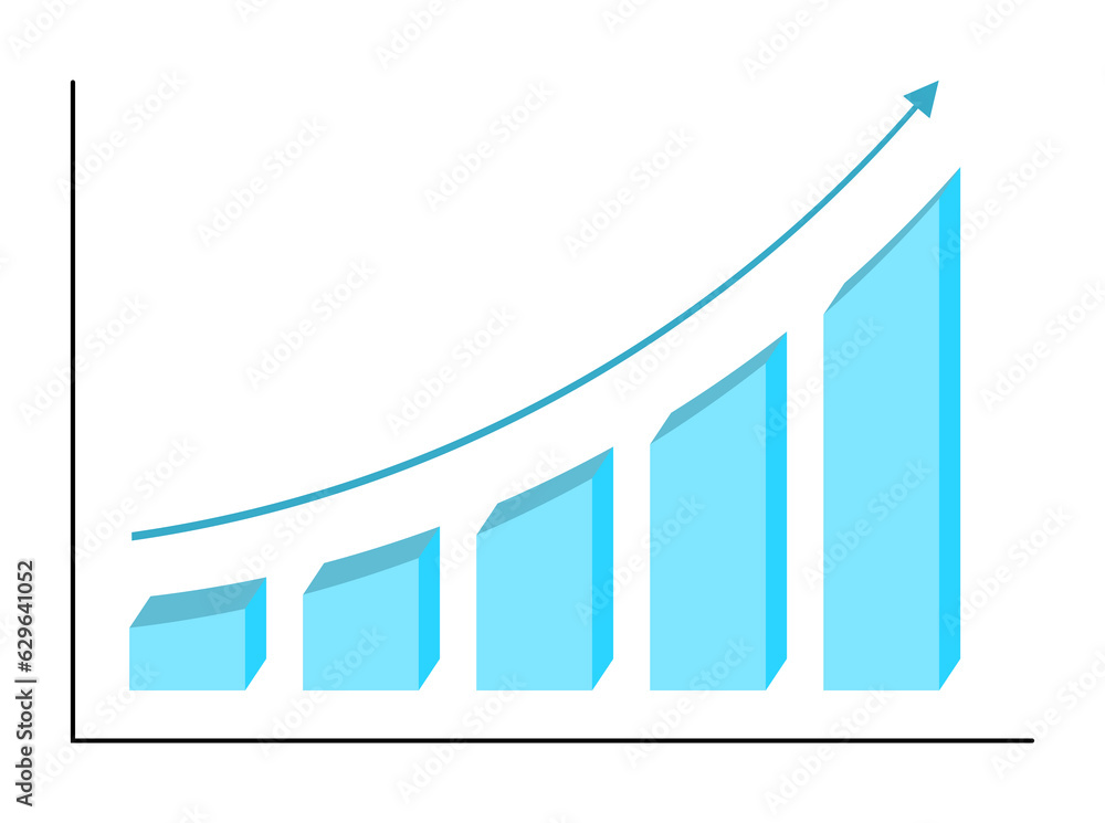 Growing curved bar chart with an arrow following the evolution. Blue 3d ...