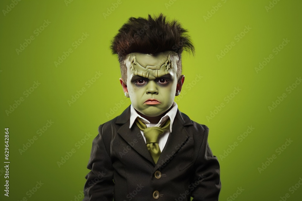 Cute Young Boy Dressed as Frankenstein for Halloween on a Green Banner ...
