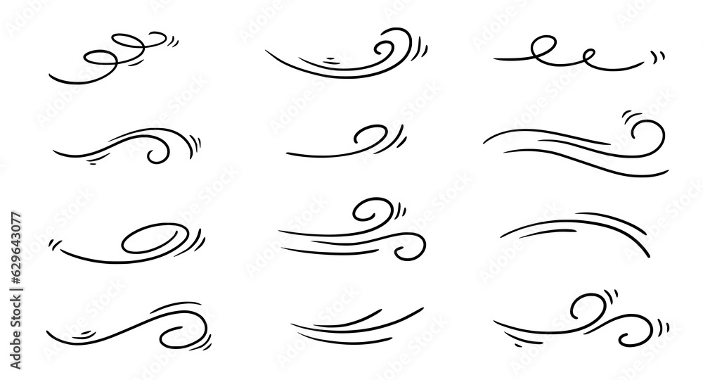 Doodle wind line sketch set. Hand drawn doodle wind motion, air blow ...