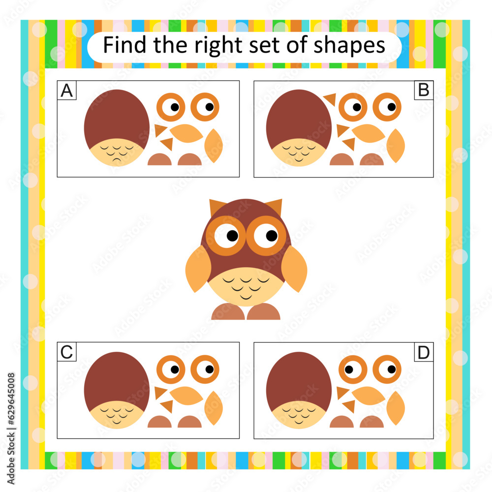 Logic puzzle for children. Find the correct set of cartoon owl ...