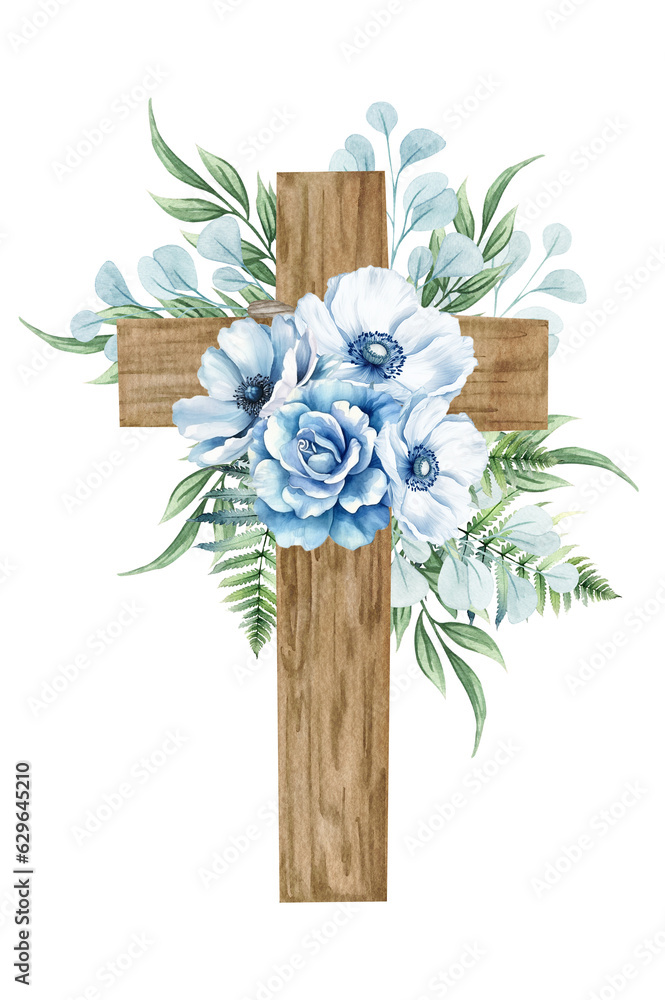 Floral cross isolated on white. Wooden cross with blue flowers, fern ...
