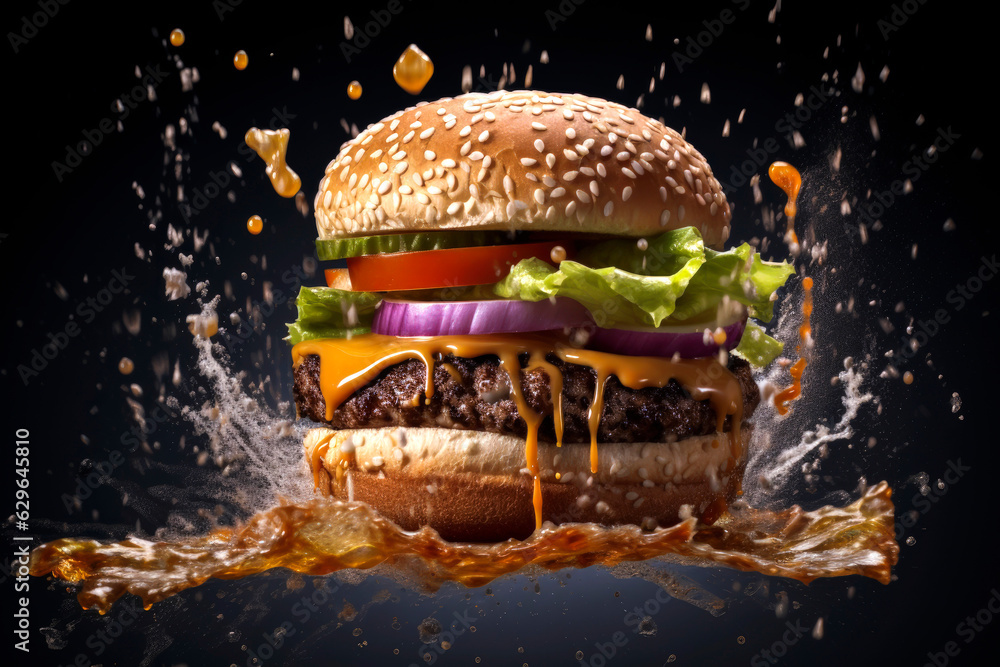 Generative AI illustration of Burger in the air exploding with cheese ...