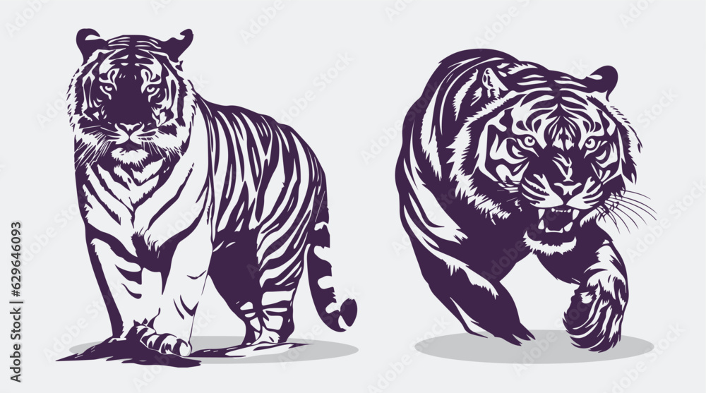 Tiger silhouette design on white background. Movement of the tiger ...