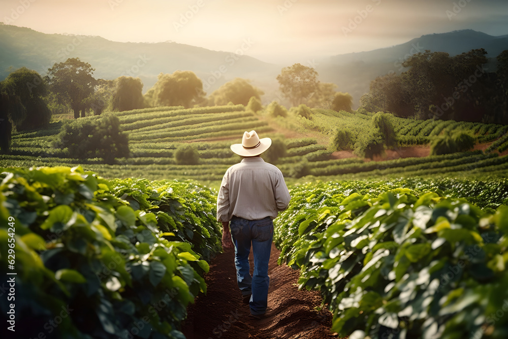 Foto de Rear view shot of a old male farmer looking at a green coffee ...