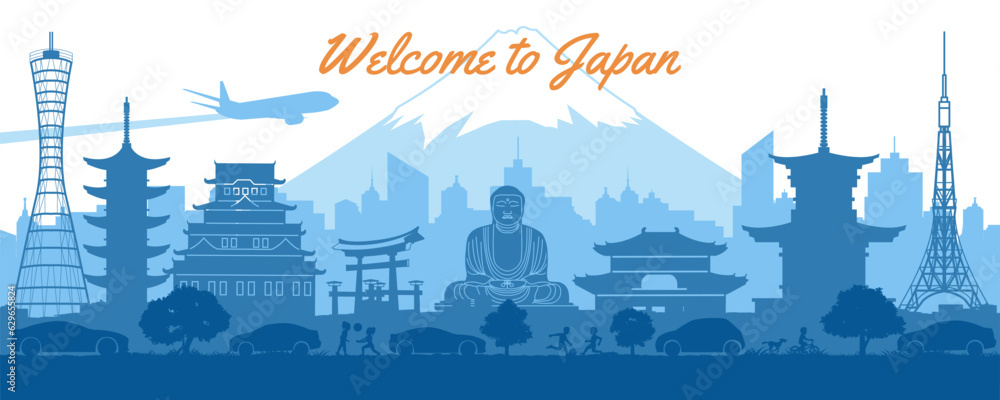Japan famous landmarks silhouette style with blue and white color ...