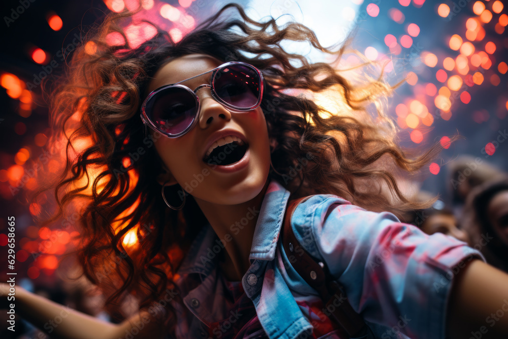 Beautiful happy cute young woman dancing at a nightclub party, disco ...