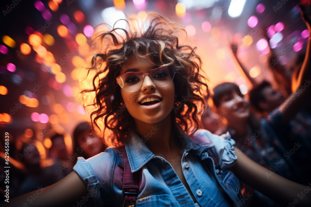 Beautiful happy cute young woman dancing at a nightclub party, disco ...
