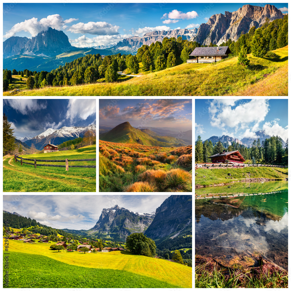 Summer collage. Set of beautiful summer landscapes arranged in a square ...
