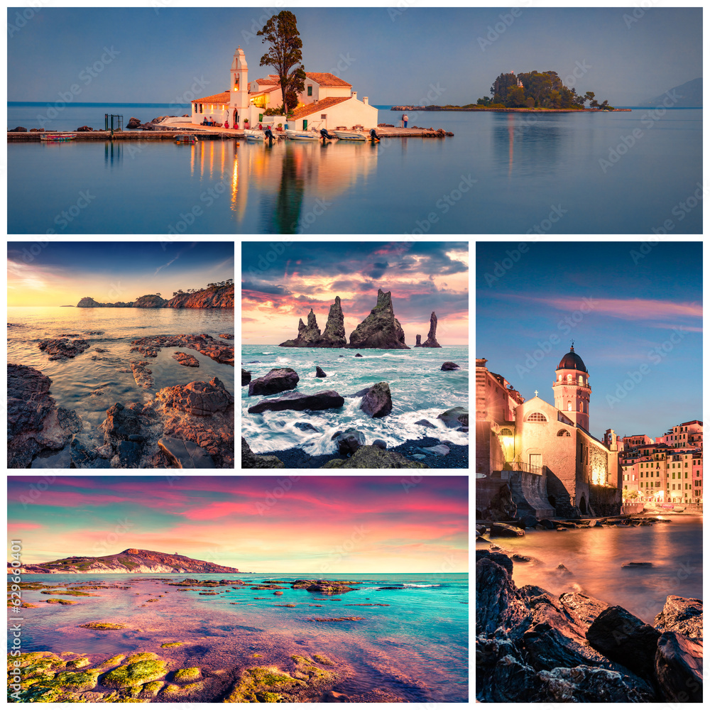 Summer collage. Set of beautiful summer landscapes arranged in a square ...
