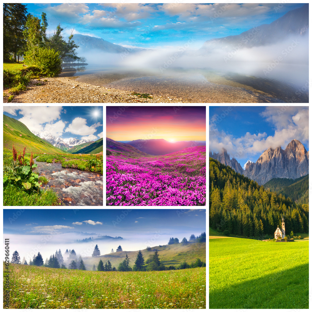Spring collage. Set of beautiful spring landscapes arranged in a square ...