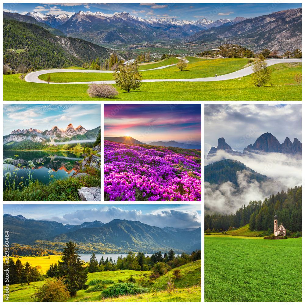 Summer collage. Set of beautiful summer landscapes arranged in a square ...