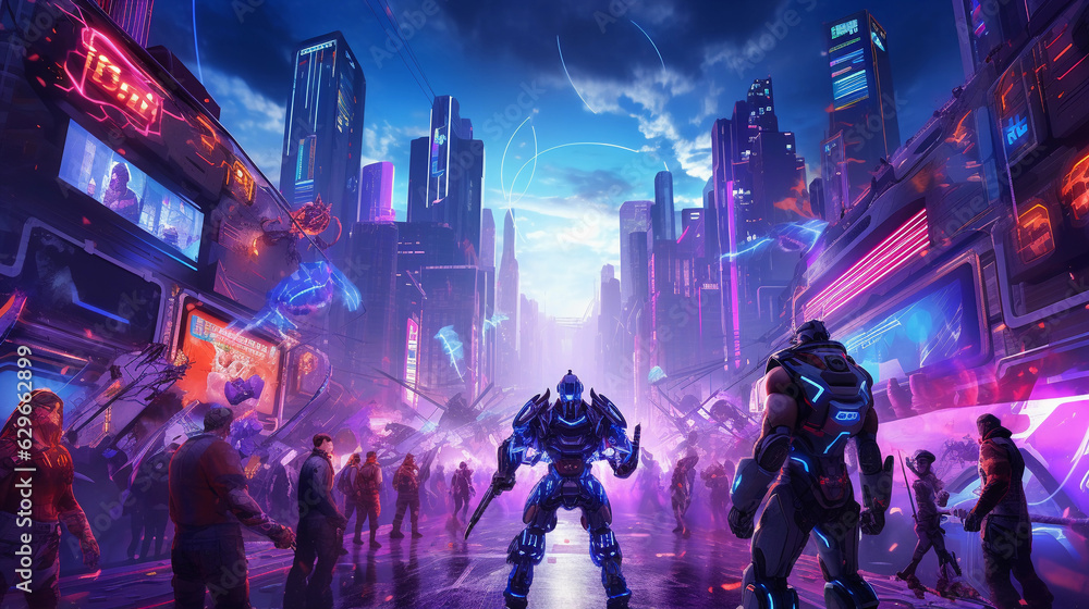 Cybernetic warriors battling in an e - sports tournament, neon lights ...