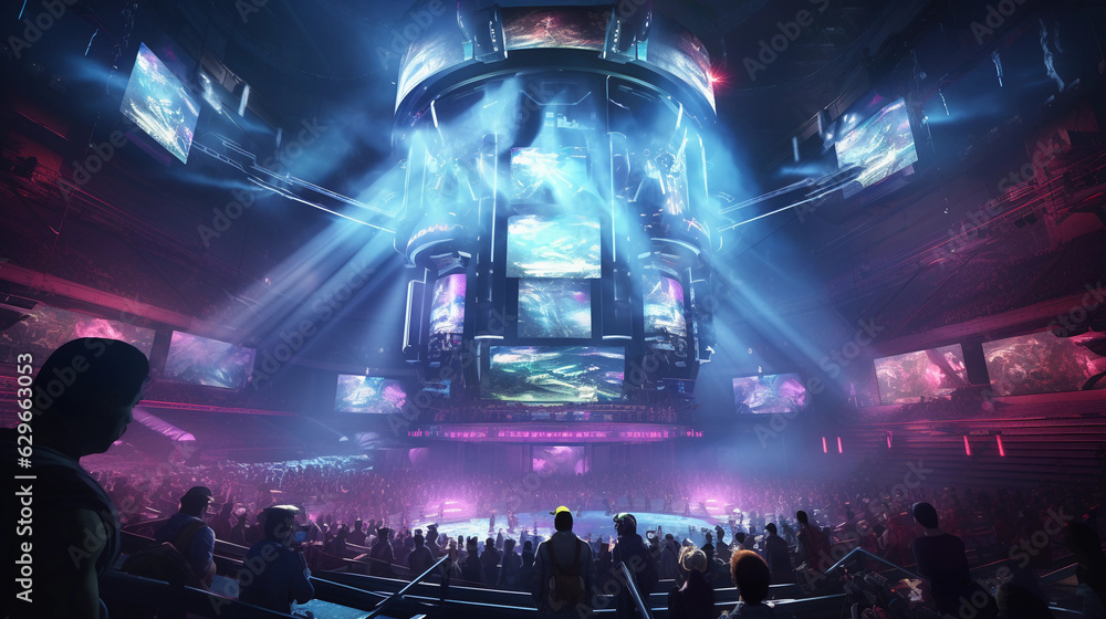 futuristic e - sports competition, arena full of spectators, dazzling ...