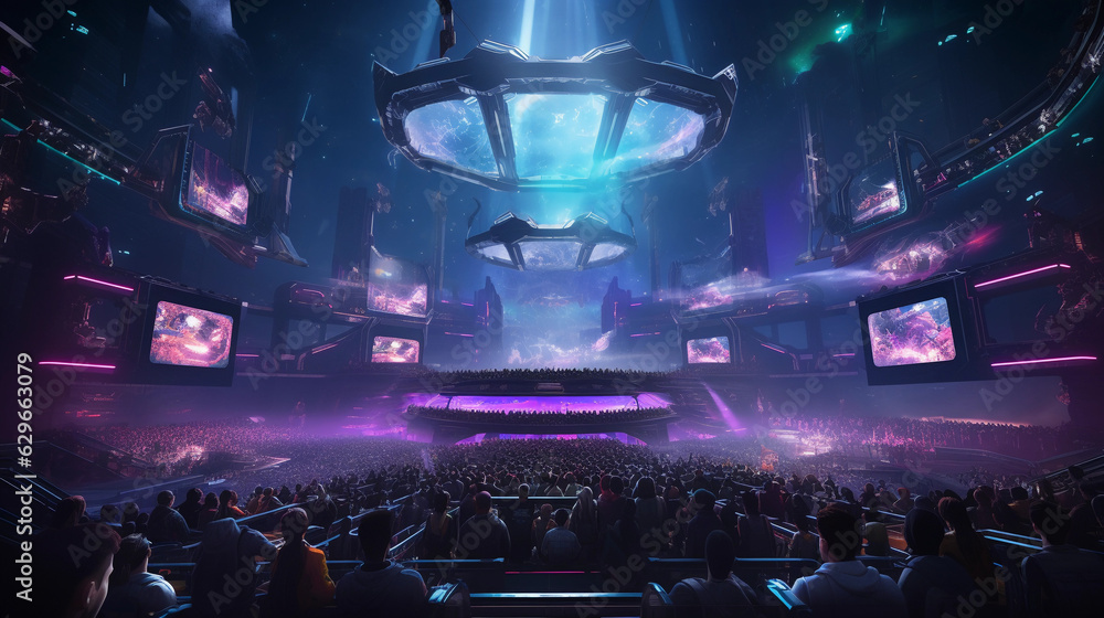 futuristic e - sports competition, arena full of spectators, dazzling ...