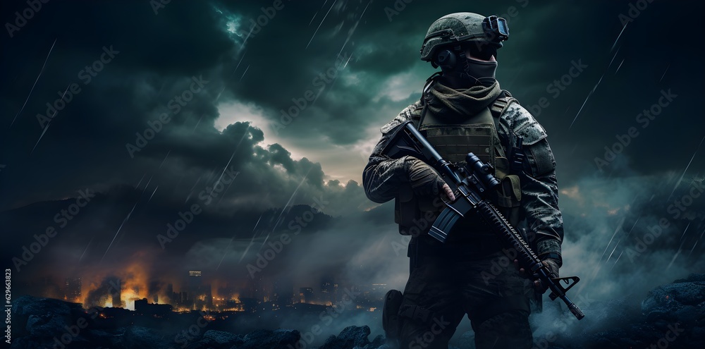 Army soldier with his gun on a dark background created with Generative ...