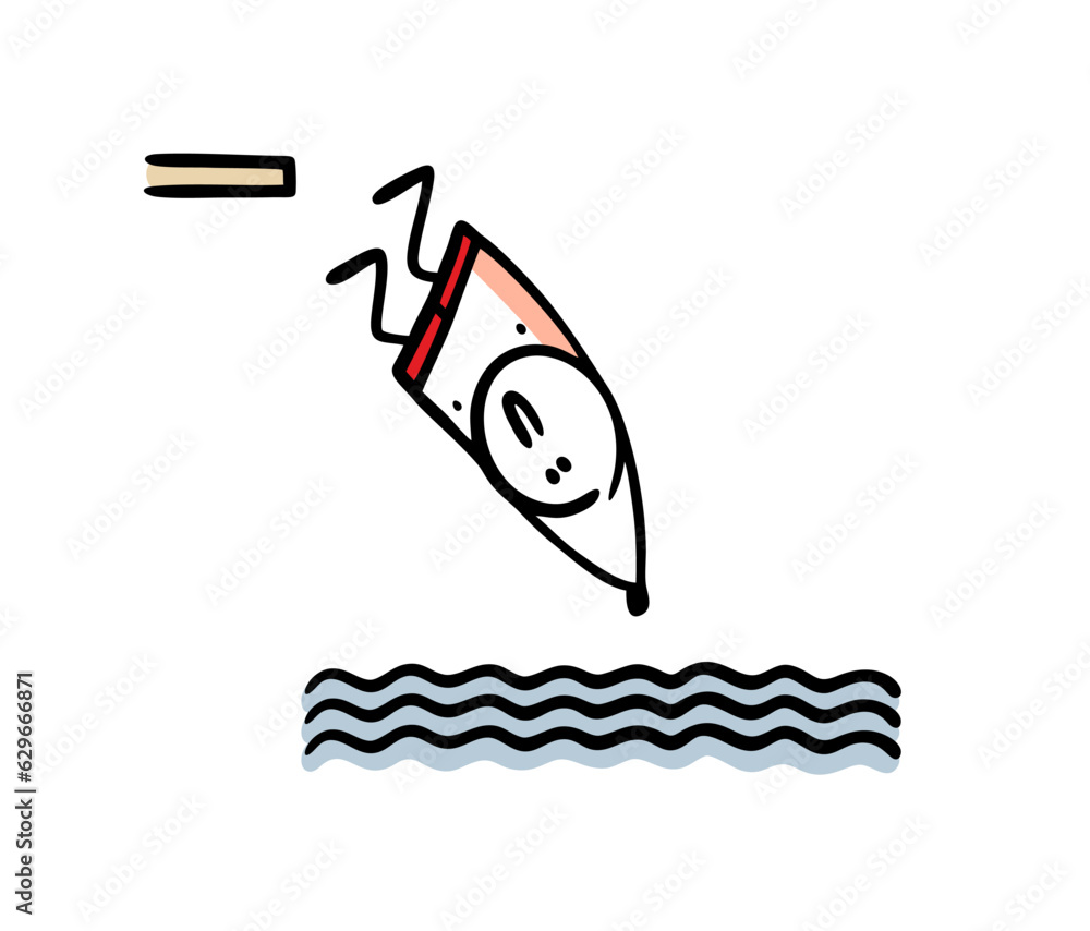 Doodle athlete jumps from a height into the water. Vector illustration ...