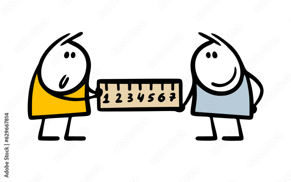 Two students stickmen measure the length in a geometry or math lesson ...