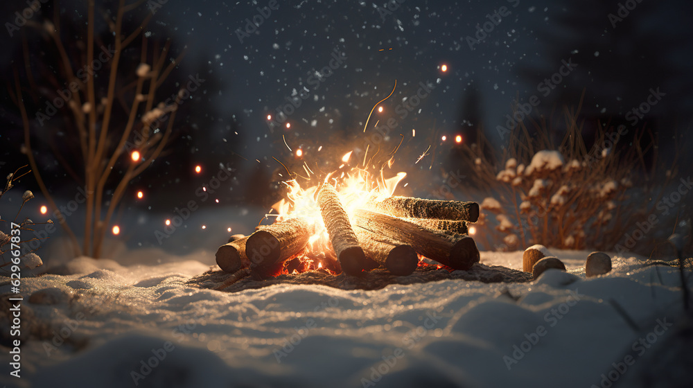 Bonfire in the winter forest at night with falling snow and stars. A ...